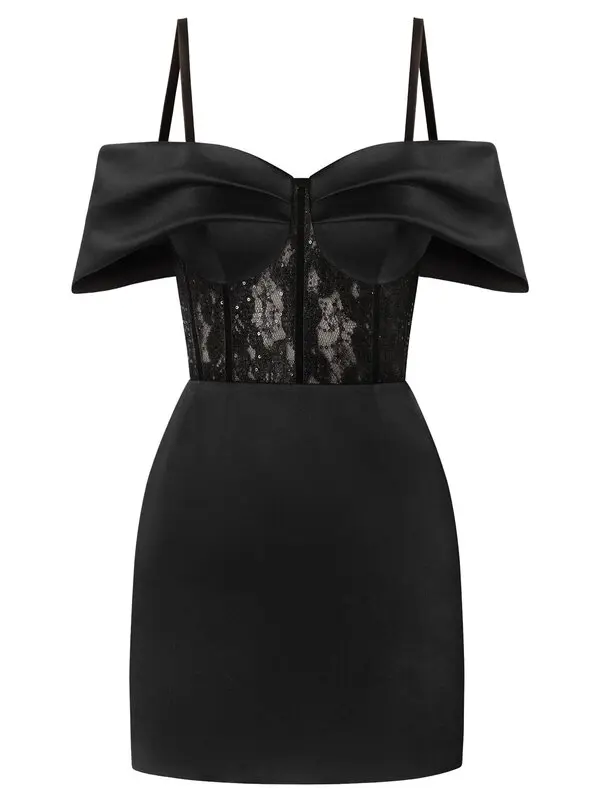 TIA DORRAINE Satin Mini Dress With Lace Corset Detail - Black