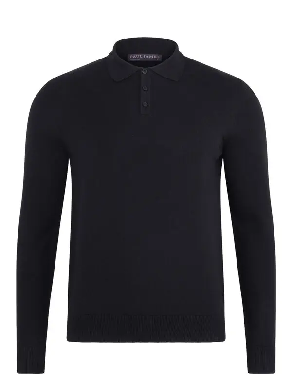 PAUL JAMES KNITWEAR Lightweight Cotton Hall Long Sleeve Knitted Polo Shirt - Black