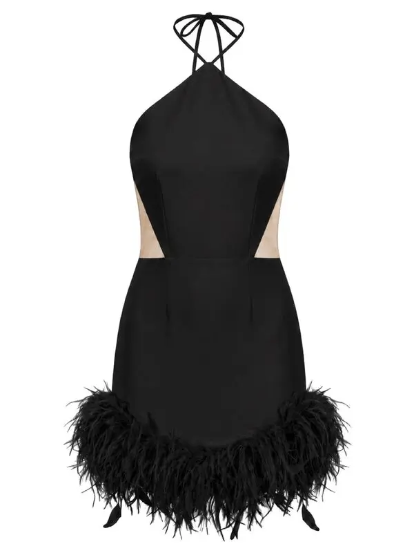 NOMI FAME Peony Mini Halter Neck Dress With Feather Trim - Black
