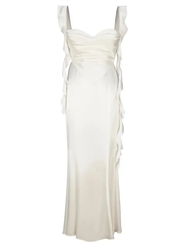 NANA JACQUELINE Caroline Duchess Satin Fishtail Gown With Ruffled Straps - White