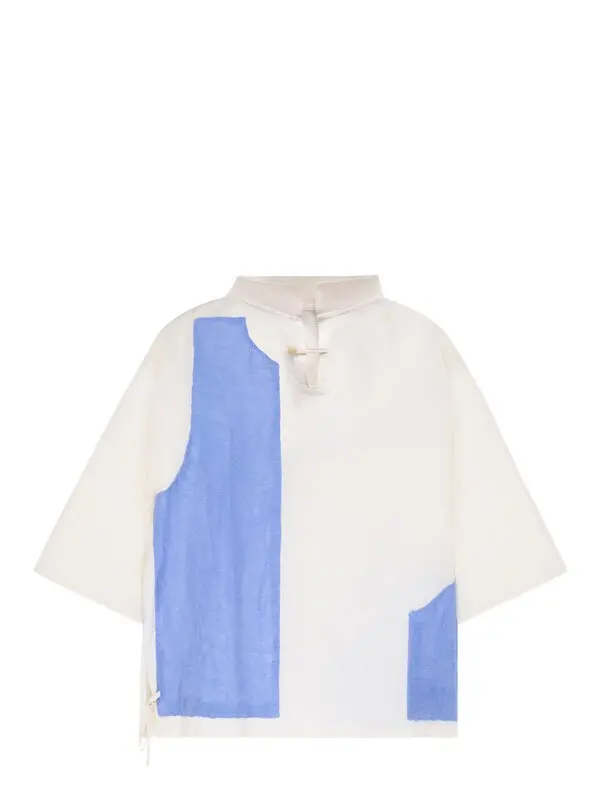 MAISON LOUIS Pattern Appliqué Mandarin Collar Top - White/blue