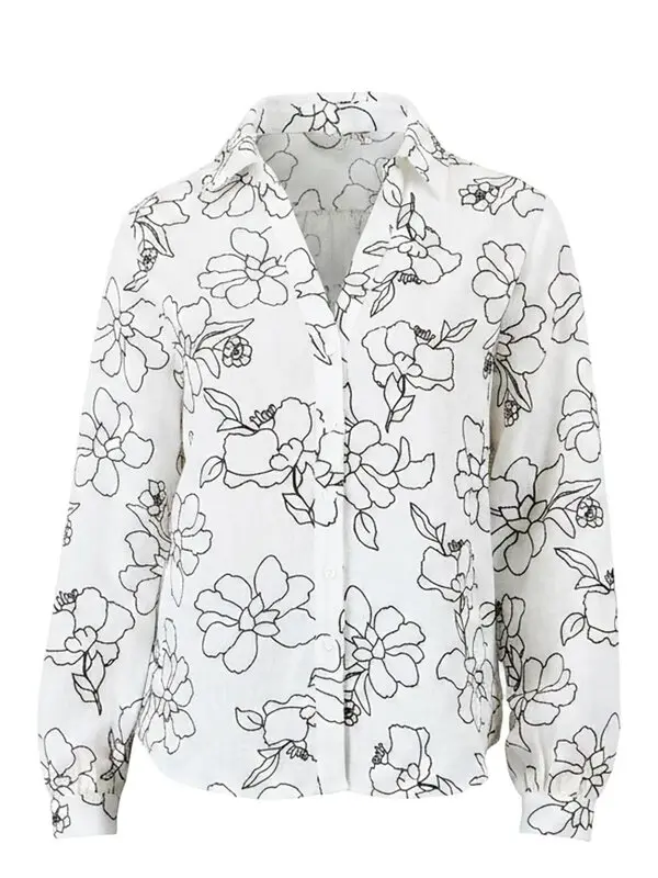 YUMI Scribble Floral Embroidered Shirt - White