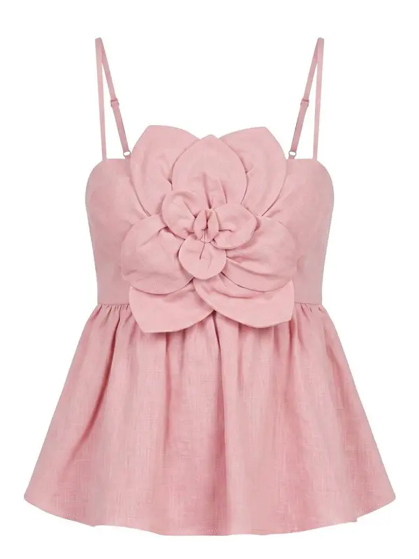 Yumi Kim Linen Peplum Top With Floral Applique - Pink