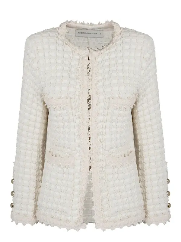 THE EXTREME COLLECTION Francesca Tweed Cotton Blend Short Jacket With Trimmings - White