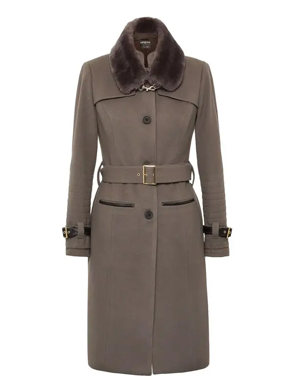SERRAN LONDON Single-breasted Wool Coat With Detachable Fur Collar - Grey