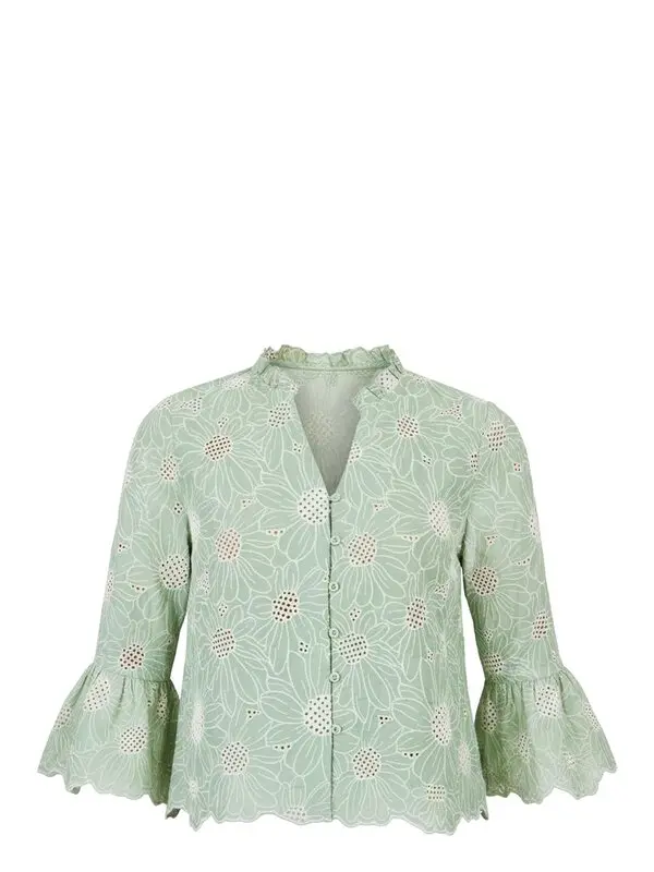 YUMI Daisy Broderie Shirt With Fluted Sleeves - Green
