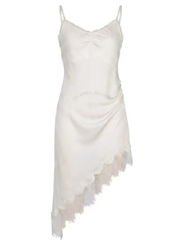 MODENAIRE Asymmetrical Satin Slip Dress With Lace Trim And Draped Silhouette - White