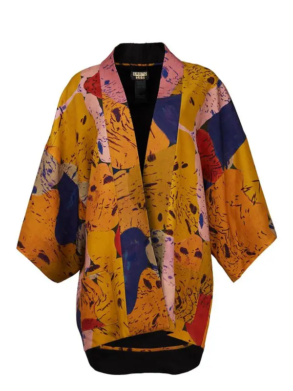 CRONO ZEE Abstract Printed Reversible Kimono With Matching Waist Tie - Yellow