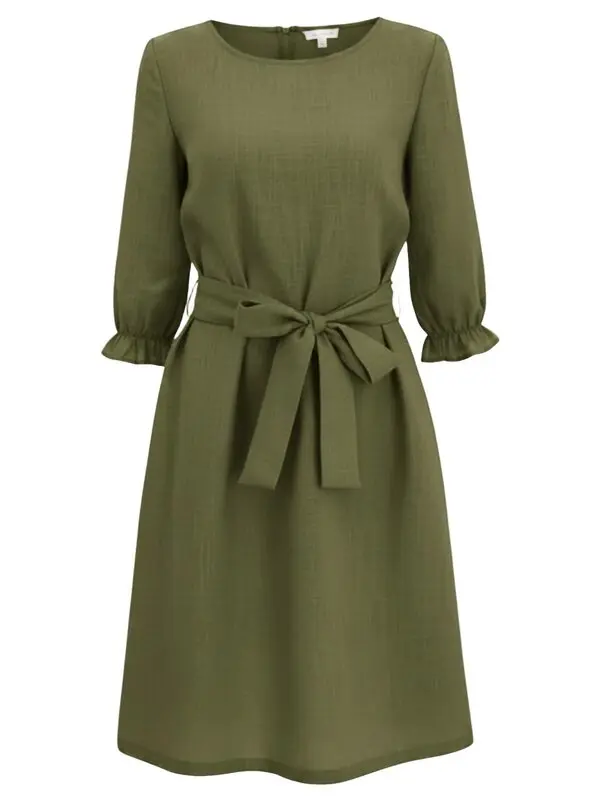 LEMUSE Emma Stonewashed Linen Knee-length Dress With Tie Belt And Pockets - Green