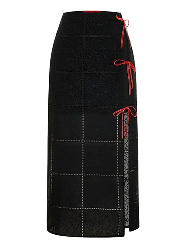 PCFG Broderie Anglaise Embroidered Slit Maxi Skirt - Black