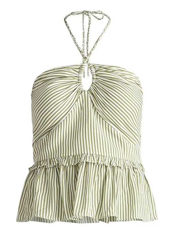 PAISIE Halterneck Peplum Top - Green/white