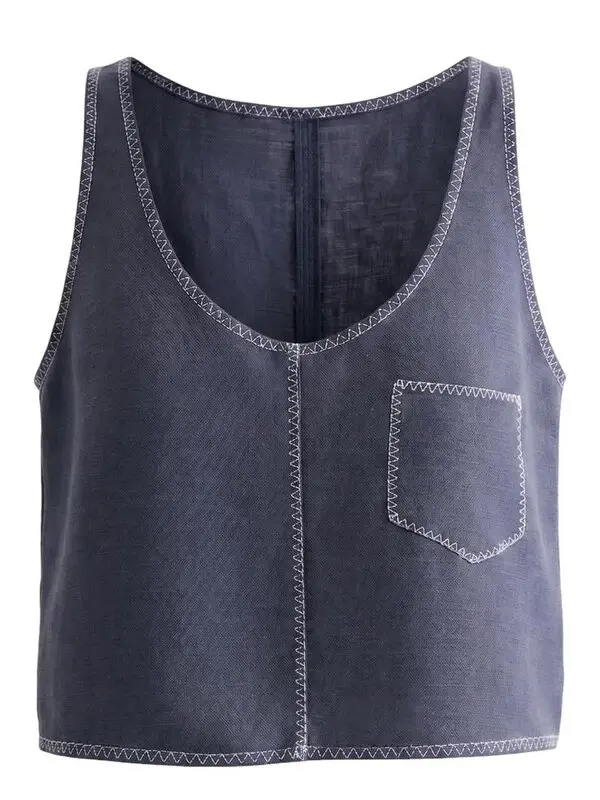 RUE LES CREATEURS Indigo Linen Blend Cropped Blouse - Blue