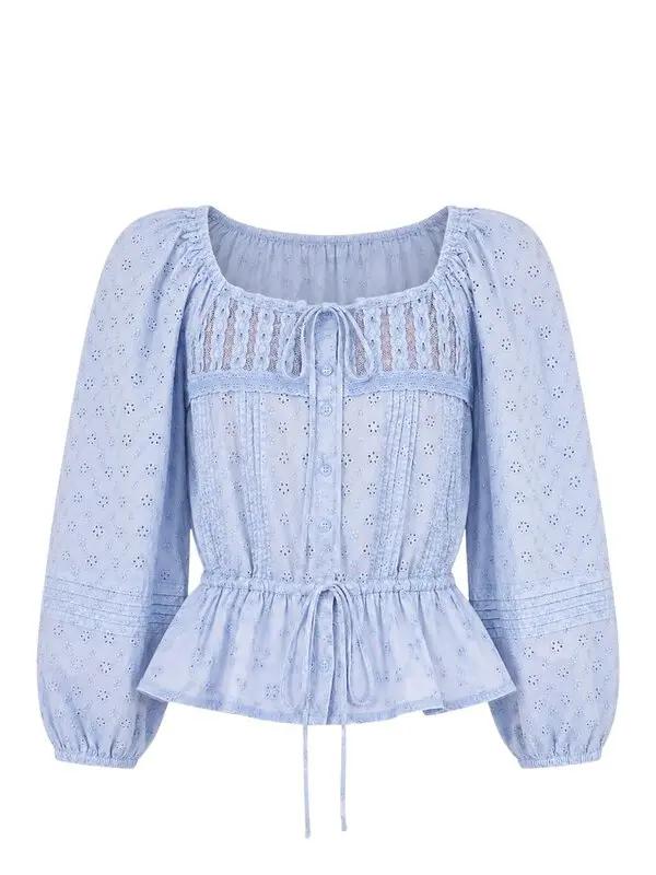 ROSE & NANCY Washed Cotton Eyelet Blouse With Lace And Pintuck Details - Blue