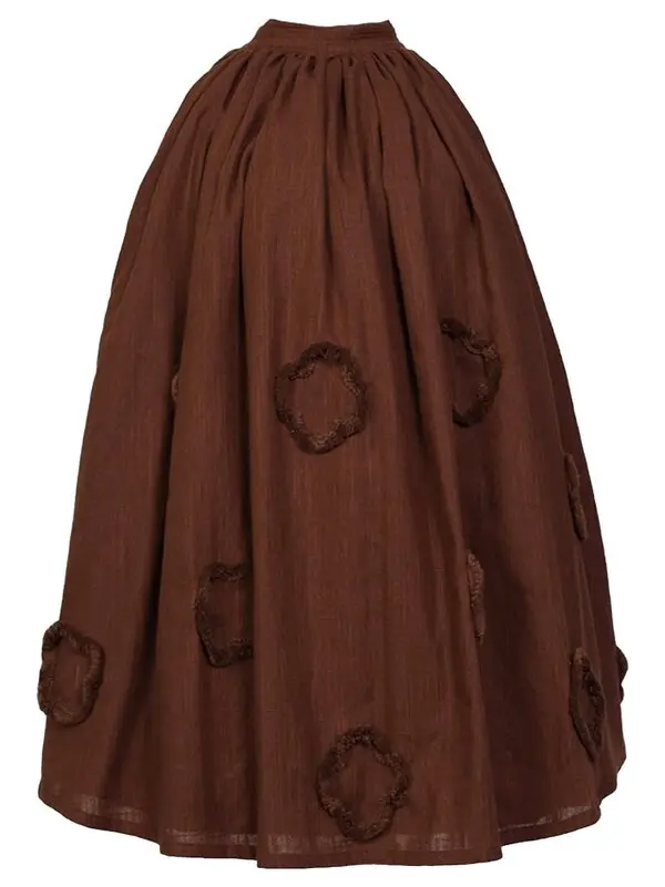 MUDA CLOTHING FZ LLC Linen Midi Dress With Floral Appliqu - Brown