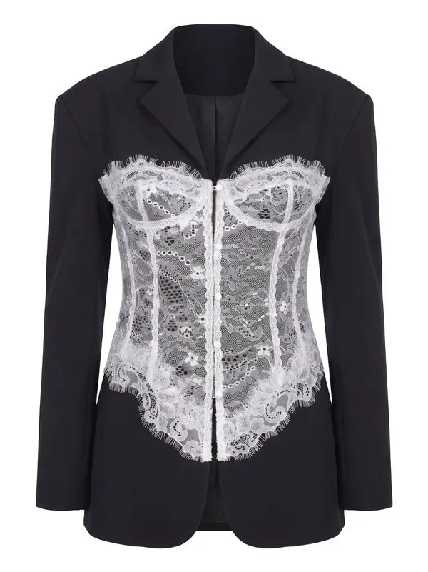 MODENAIRE Lace Corset Detail Tailored Blazer - Black