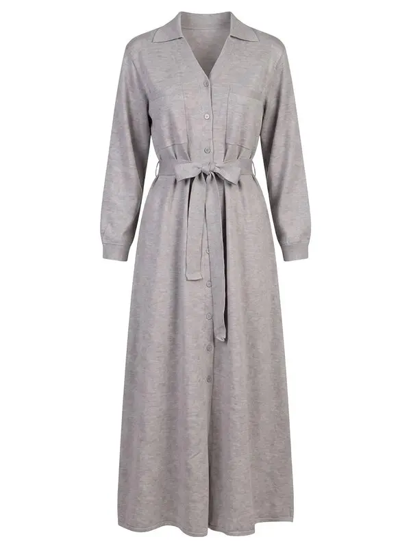 TANTRA SPAIN SL Long Knit Shirt Dress With Chest Pockets And Belt - Grey