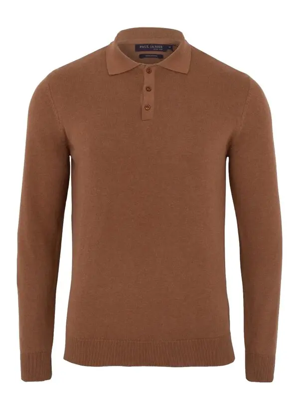 PAUL JAMES KNITWEAR Lightweight Cotton Hall Long Sleeve Knitted Polo Shirt Camel - Brown