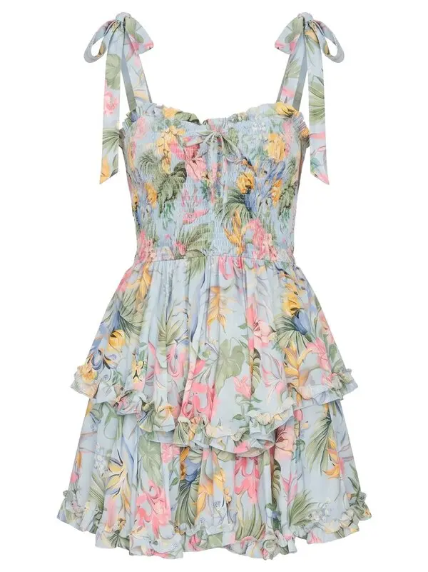 Yumi Kim Elise Mini Dress With Smocked Bodice And Tie Shoulders - Blue