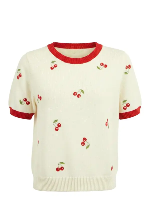 YUMI Ivory Cherry Cotton Knitted Top - White