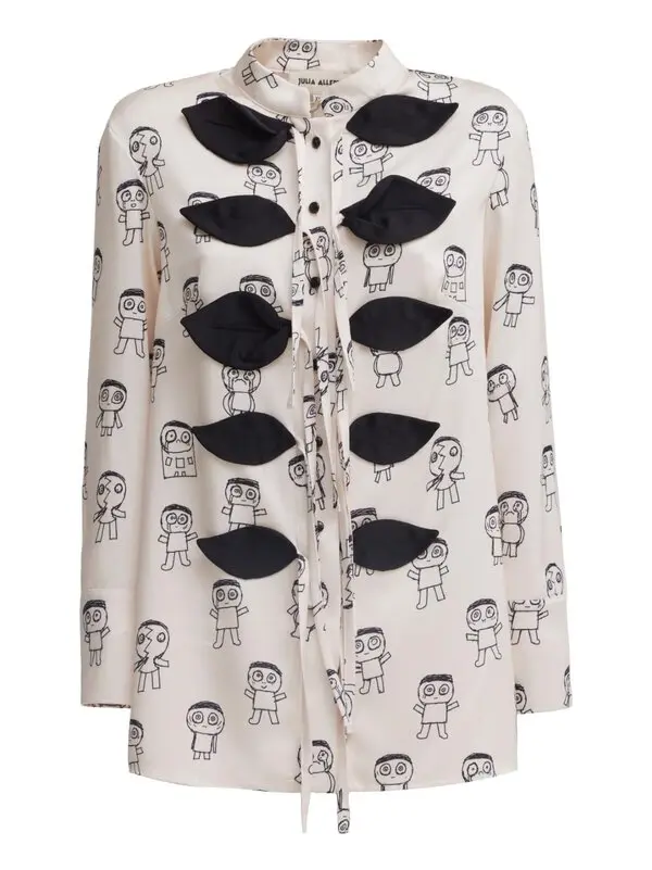 JULIA ALLERT Art Print Longline Tie Front Blouse Ivory - Black