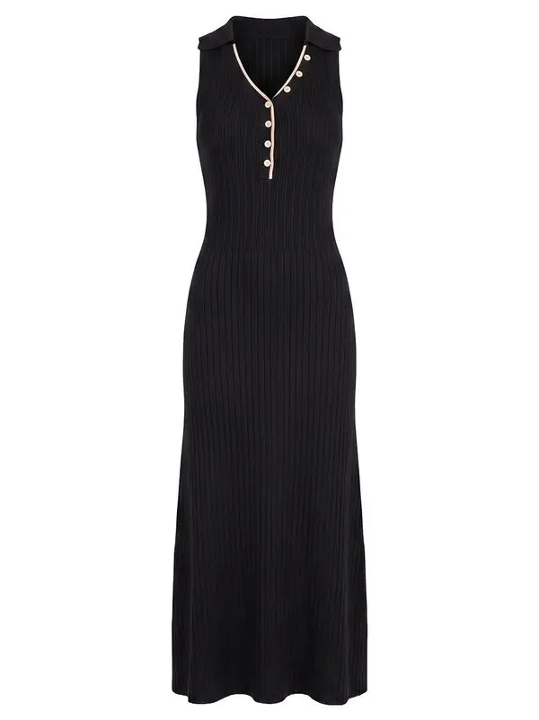 TANTRA SPAIN SL Sleeveless Polo Collar Midi Knit Dress With Contrast Trim - Black