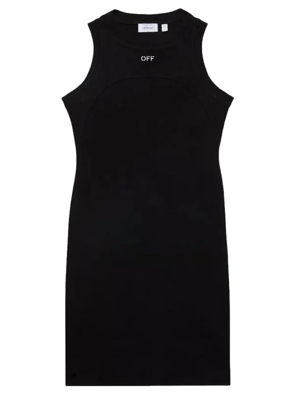 Off-White Ribbed Round Neck Mini Dress - Black
