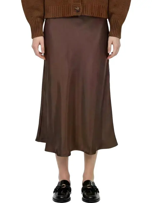 Soeur Satin Finish Elasticated Waistband Midi Skirt - Brown