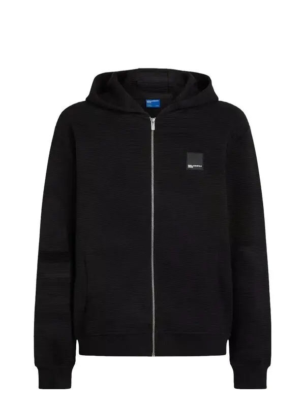 Karl Lagerfeld Waffle Zip-up Hoodie With Logo Patch - Black