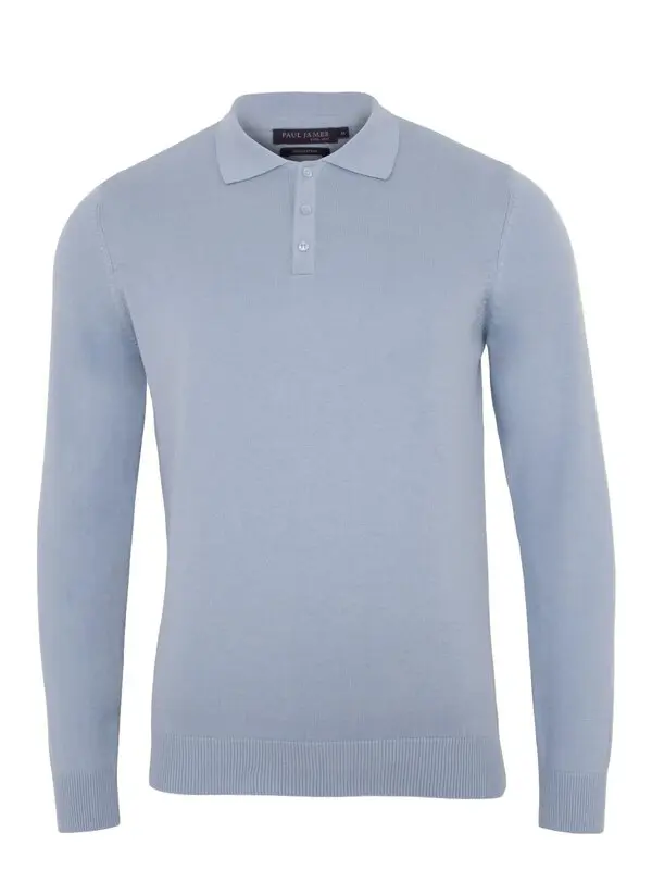 PAUL JAMES KNITWEAR Lightweight Cotton Hall Long Sleeve Knitted Polo Shirt Chalk - Blue