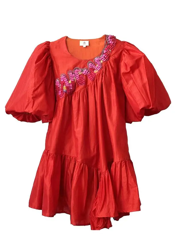 SR BY SONALI RAMAN Asymmetrical Paneled Dress With Puff Sleeves - Red