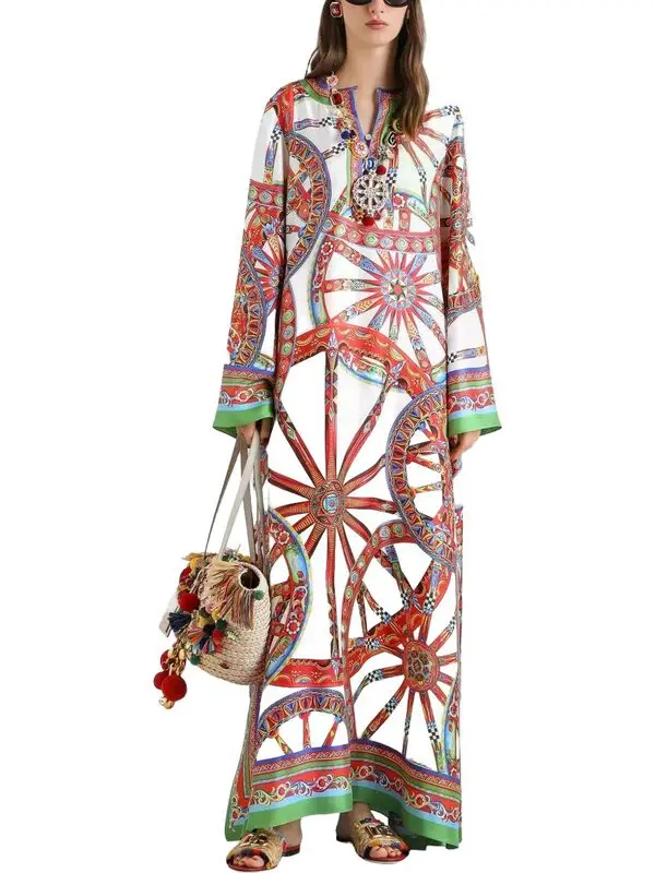 Dolce & Gabbana Carretto-print Long Sleeve Kaftan Dress - White