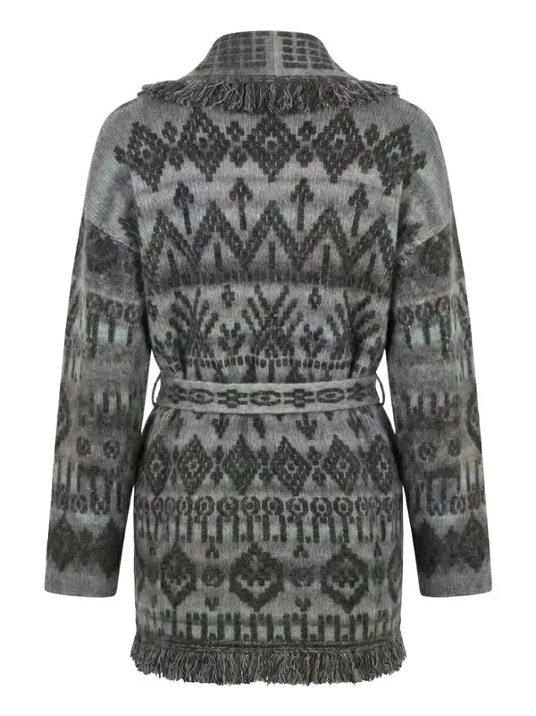 Alanui Jacquard Knit Belted Cardigan With Fringe Trim - Grey