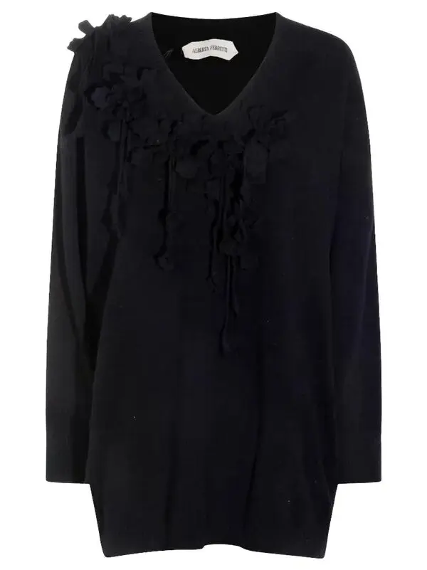 Alberta Ferretti V-neck Mini Dress With Floral Appliqu - Black