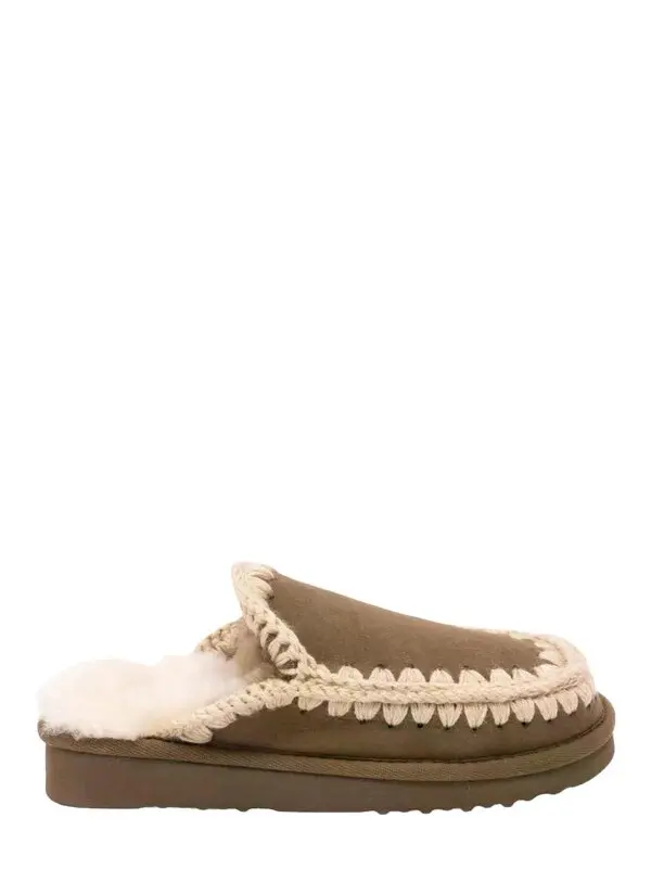Mou Eskimo Crochet-trim Sheepskin Slippers - Brown