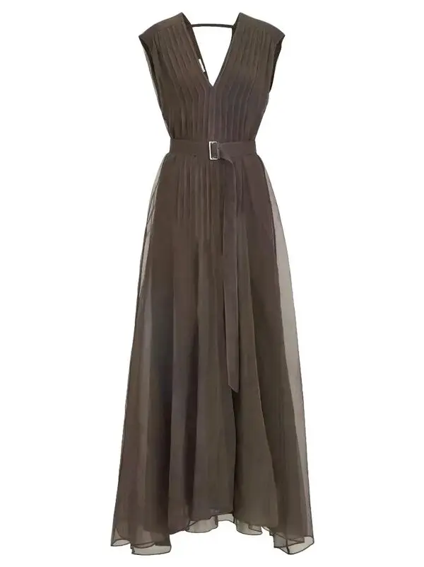 Brunello Cucinelli Crispy Silk Belted Dress With Pleated Detail And Precious Strap - Brown