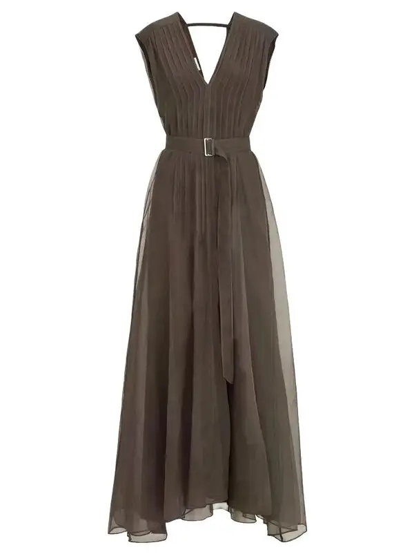 Brunello Cucinelli Crispy Silk Belted Dress With Pleated Detail And Precious Strap - Brown
