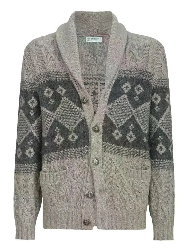Brunello Cucinelli Virgin Wool, Silk, And Cashmere Cable-knit Cardigan With Intarsia - Grey
