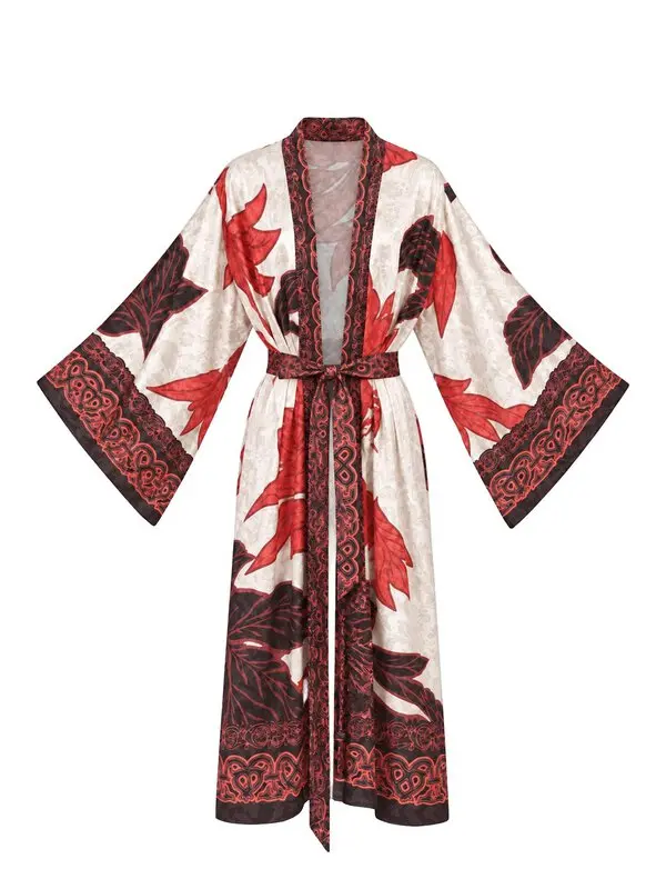 Loveist Store Sahara Botanical Print Jacquard Satin Kimono - Brown/red