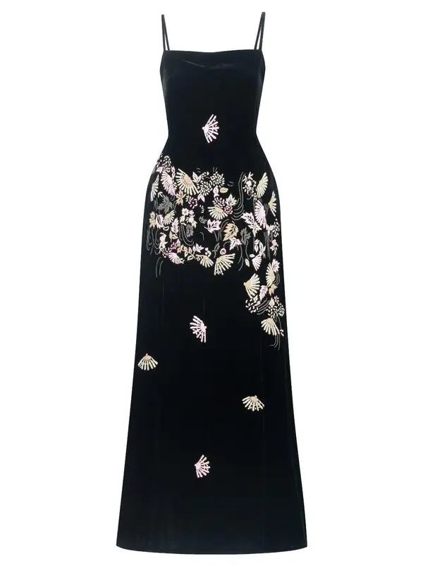 SILK AND BEARS Hand-embroidered Silk Velvet Maxi Slip Dress With Fan Motif - Black