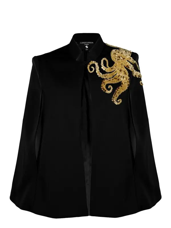 HOUSE OF LAINES LONDON Tailored Cape With Embellished Gold Octopus - Black/gold