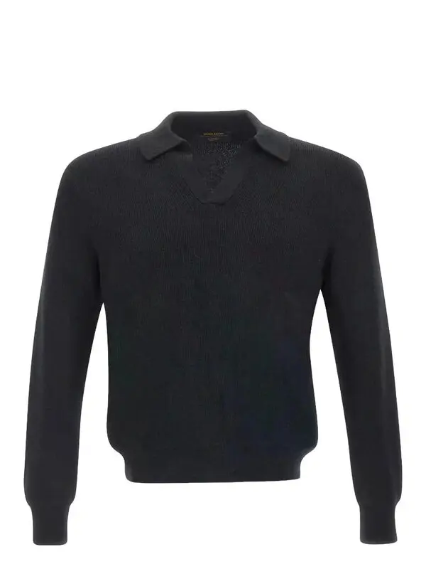 GRAN SASSO Ribbed Knit Virgin Wool Polo Shirt - Black