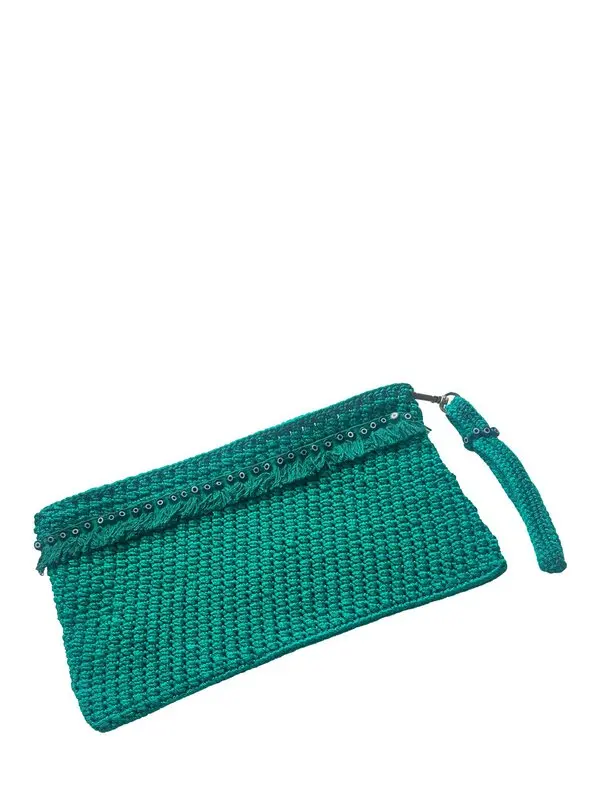 N'ONAT Evil Eye Hand Crochet Clutch With Fringe And Beaded Trim - Green