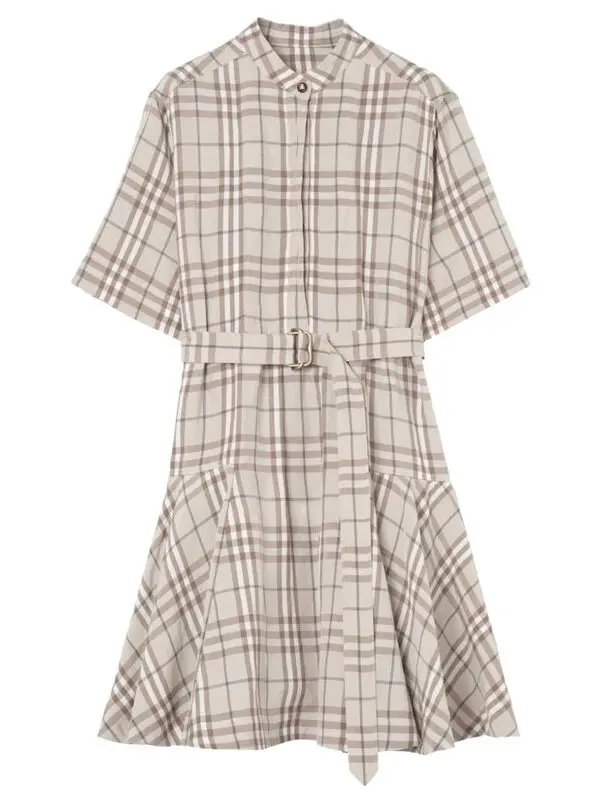 Burberry Checked Linen Blend Short Dress With Belt - Beige