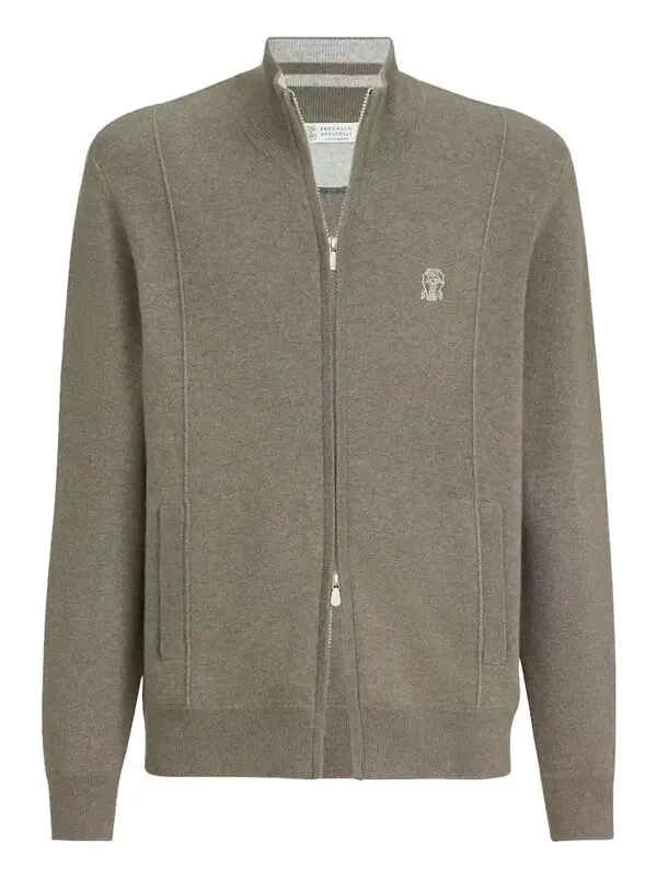 Brunello Cucinelli Cashmere Double Knit Zipper Cardigan With Logo - Green