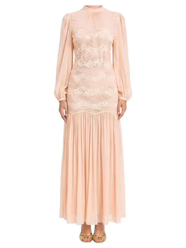 TWINSET Lace Maxi Dress With Long Sleeves And Pleated Skirt - Nude