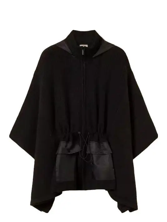 TWINSET Hooded Knitted Cape With Zip Closure And Drawstring Waist - Black
