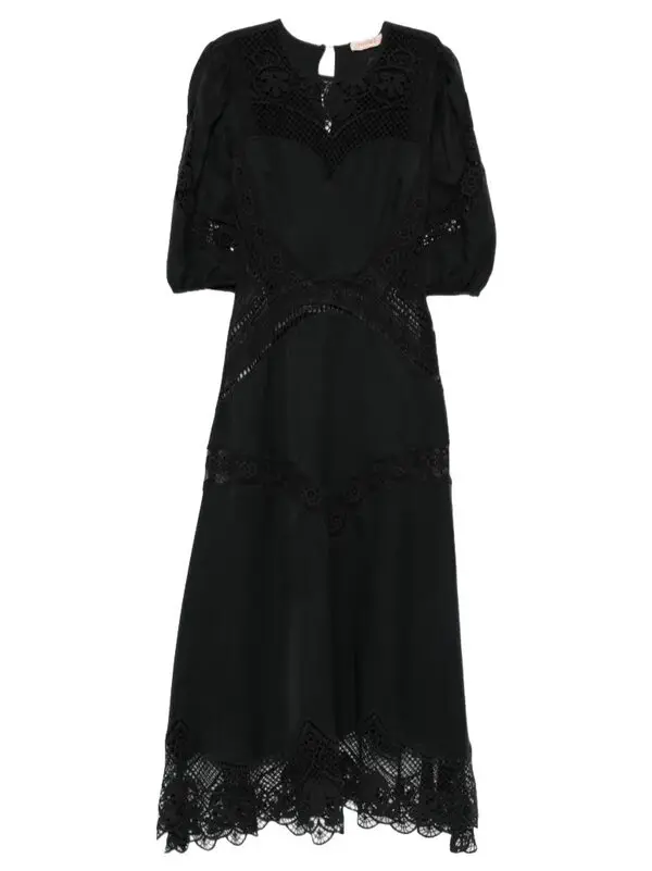 TWINSET Crew Neck Midi Dress With Embroidered Mesh Panels - Black