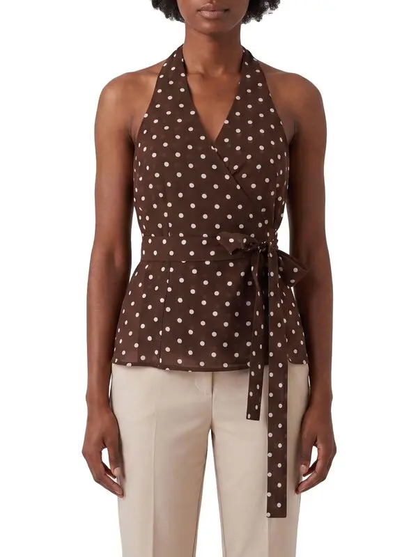 PAROSH P.a.r.o.s.h. Polka Dot Silk Halter Top - Brown