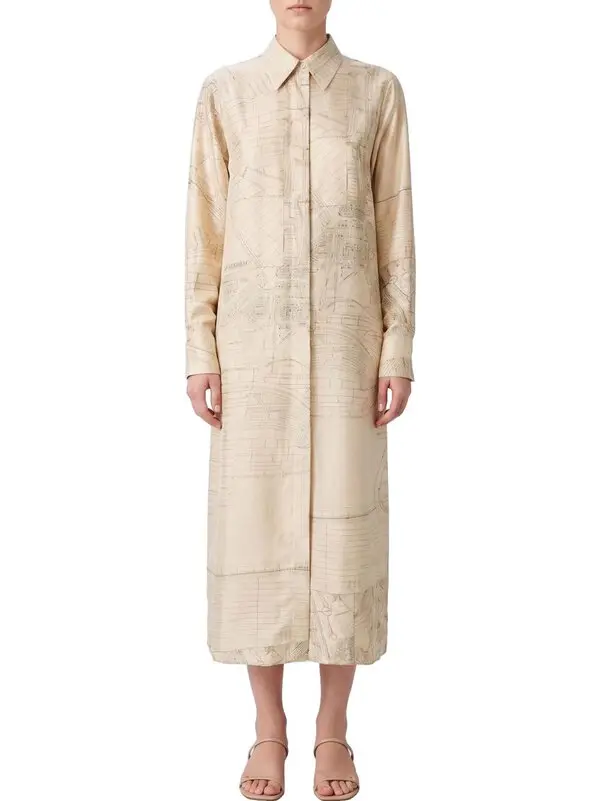 RÓHE Graphic Print Long Sleeve Silk Midi Shirt Dress - White