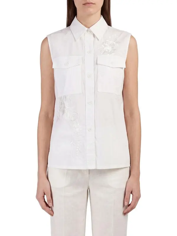 PAROSH Embroidered Cotton Blend Sleeveless Shirt - White